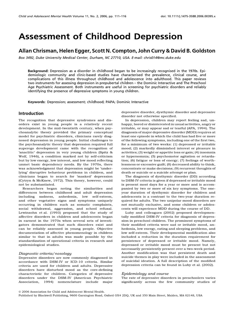 Assessment of Childhood Depression: Allan Chrisman, Helen Egger, Scott ...