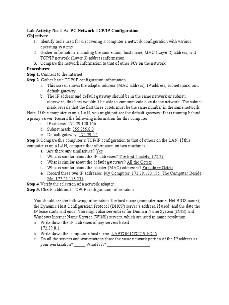 Lab Activity No. 1-A: PC Network TCP/IP Configuration Objectives | PDF | Internet Protocol Suite ...
