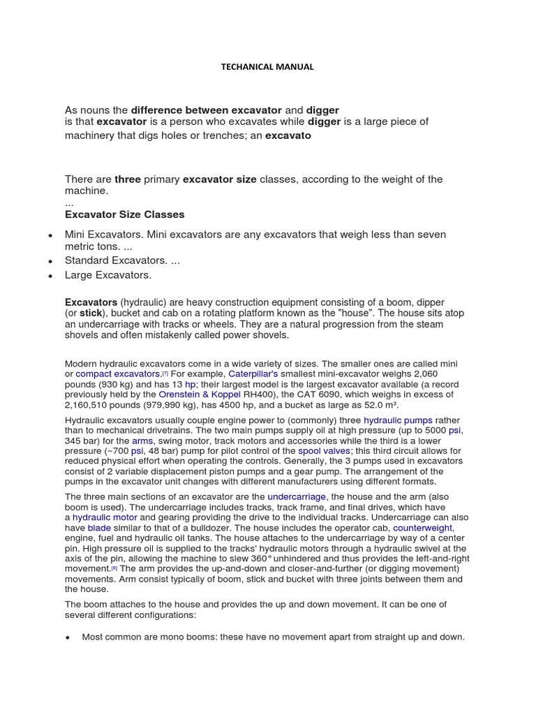 Excavator Size Classes: Techanical Manual | PDF | Machines | Mechanical ...