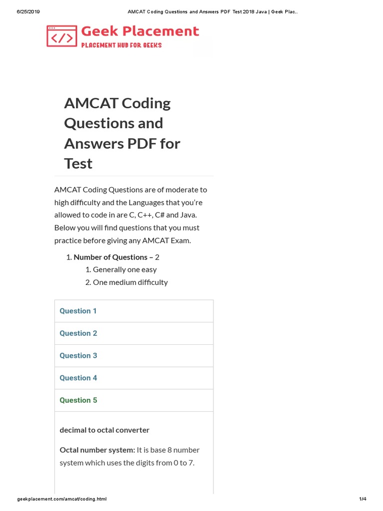 5amcat Coding Questions And Answers Pdf Test 2018 Java Geek Plac Pdf Notation Arithmetic
