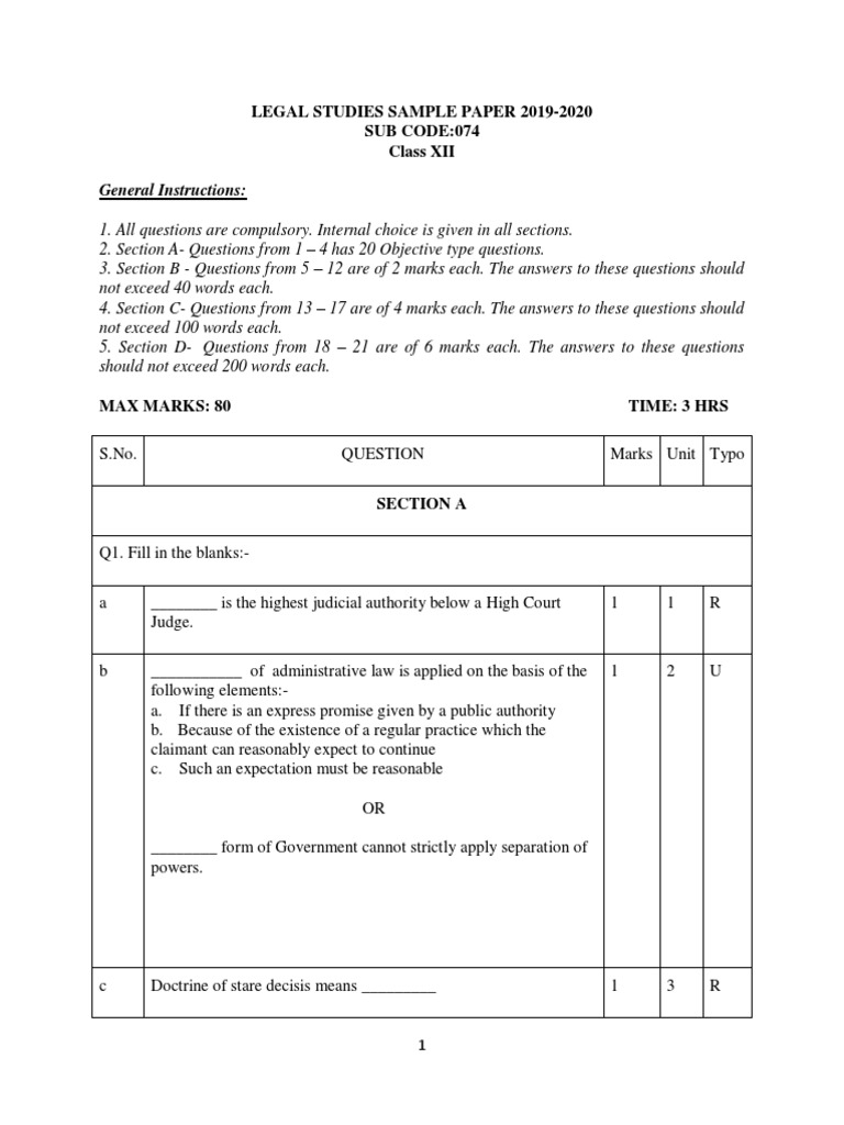 General Instructions:: Legal Studies Sample Paper 2019-2020 SUB CODE ...