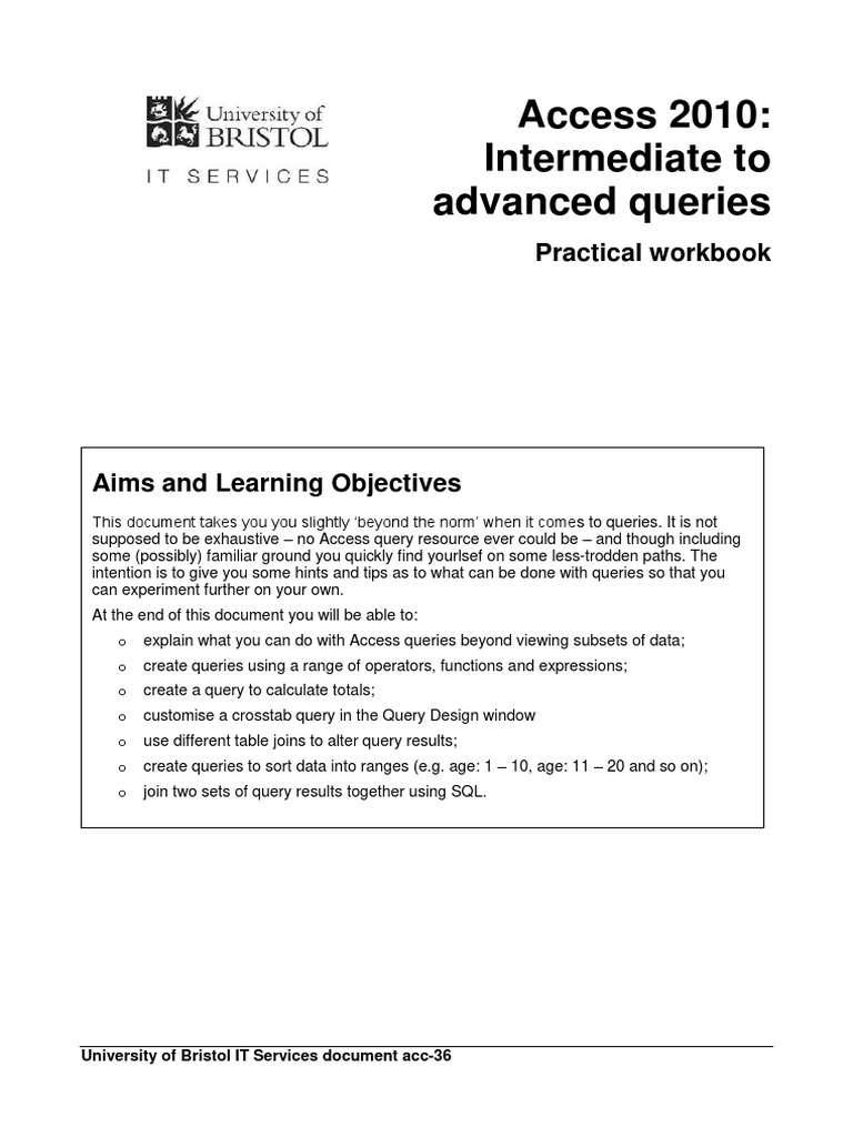 Access 2010: Intermediate To Advanced Queries: Practical Workbook | PDF | Computer Programming ...