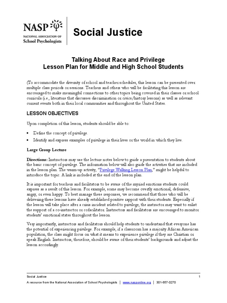 Social Justice: Talking About Race and Privilege Lesson Plan For Middle ...