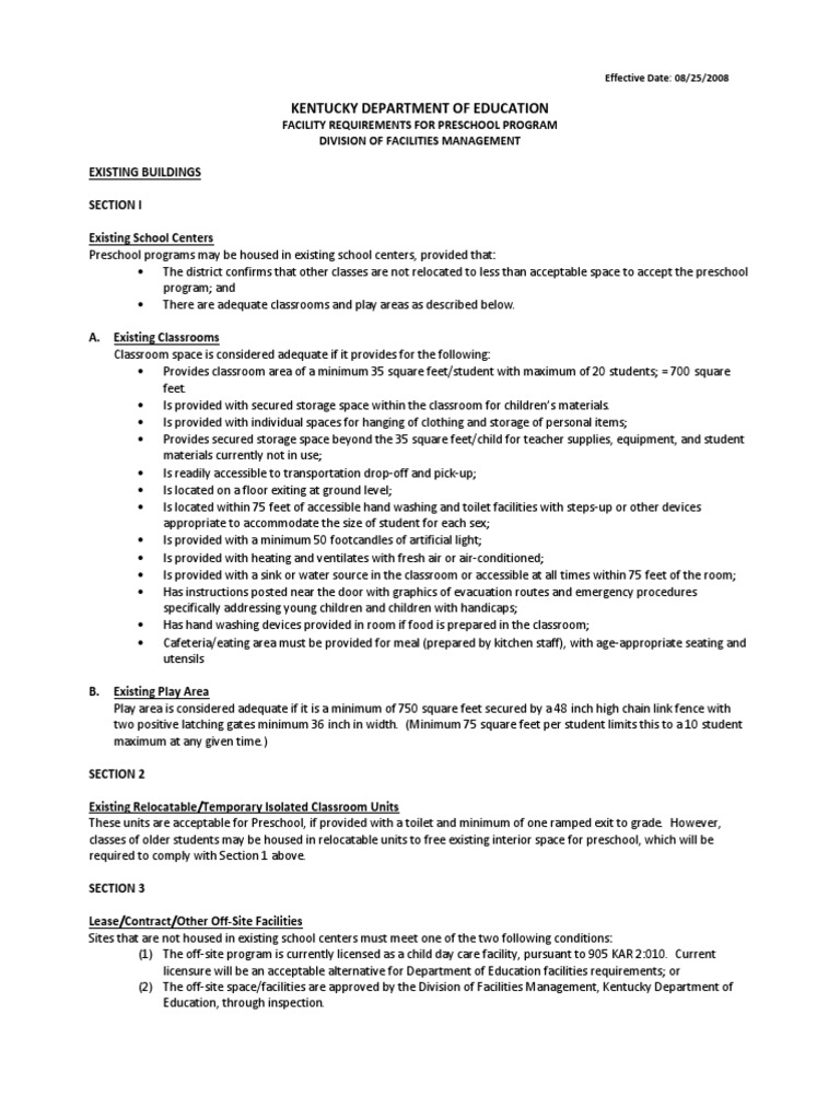 Preschool Program Facility Requirements | PDF | Preschool | Classroom