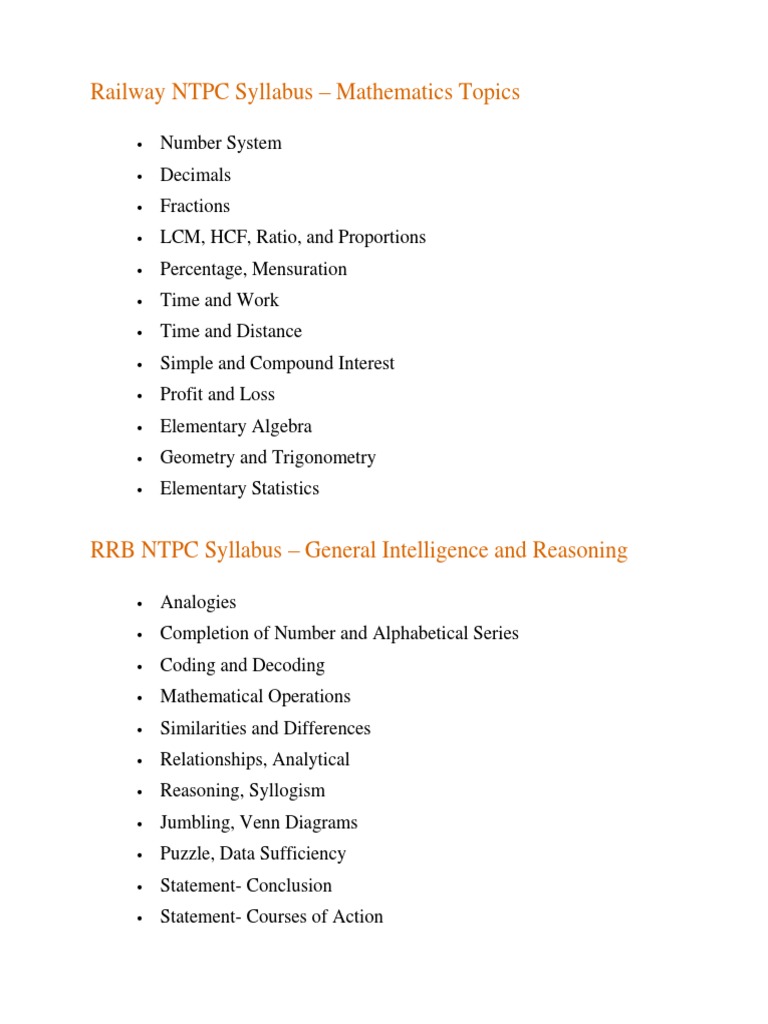 Railway NTPC Syllabus - Mathematics Topics | PDF