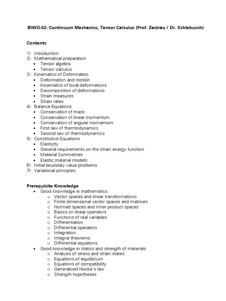 BIWO-02: Continuum Mechanics, Tensor Calculus (Prof. Zastrau / Dr. Schlebusch) | PDF