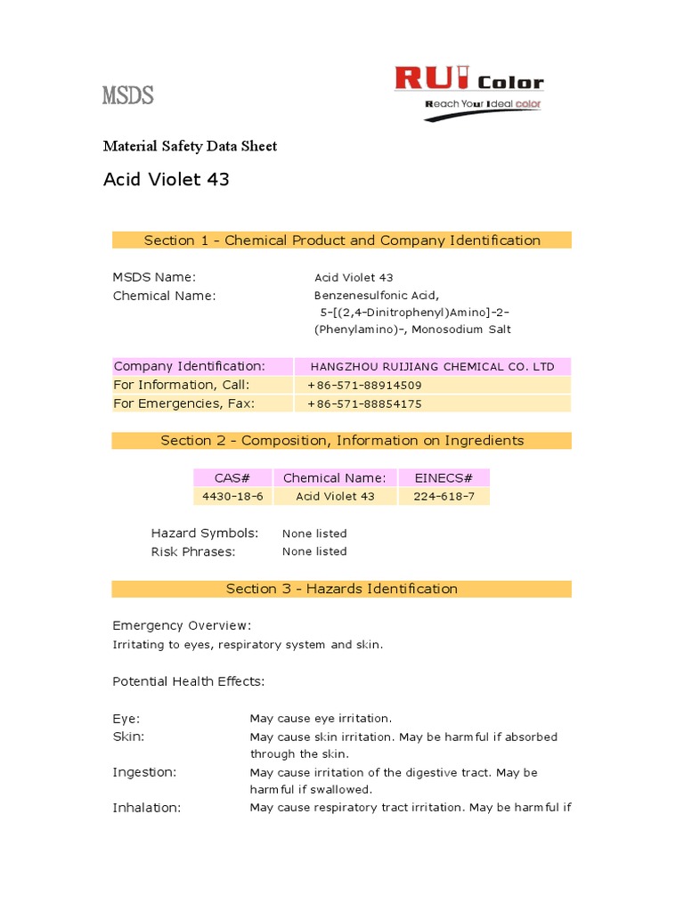 MSDS Acid Violet 43 | PDF | Personal Protective Equipment | Ventilation ...