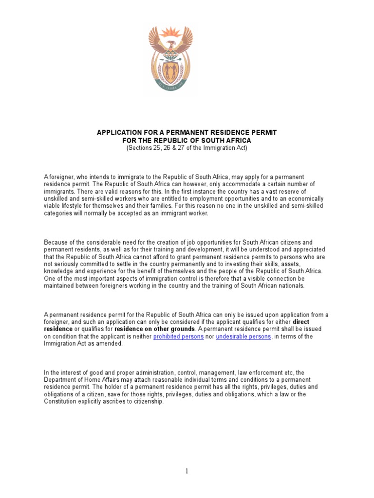 Application For A Permanent Residence Permit For The Republic of South ...