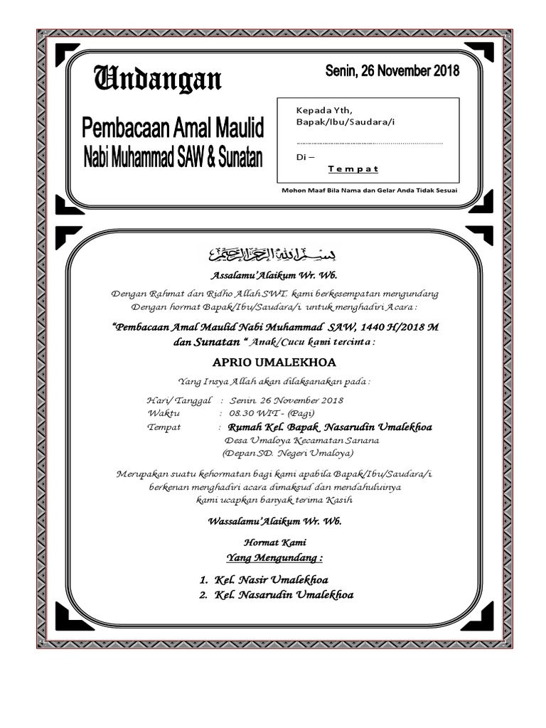 Undangan Sunatan dan Pembacaan Amal Maulid Nabi Muhammad SAW | PDF