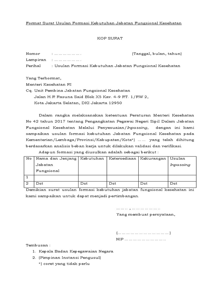 Format Surat Usulan Formasi Kebutuhan Jabatan Fungsional Kesehatan | PDF