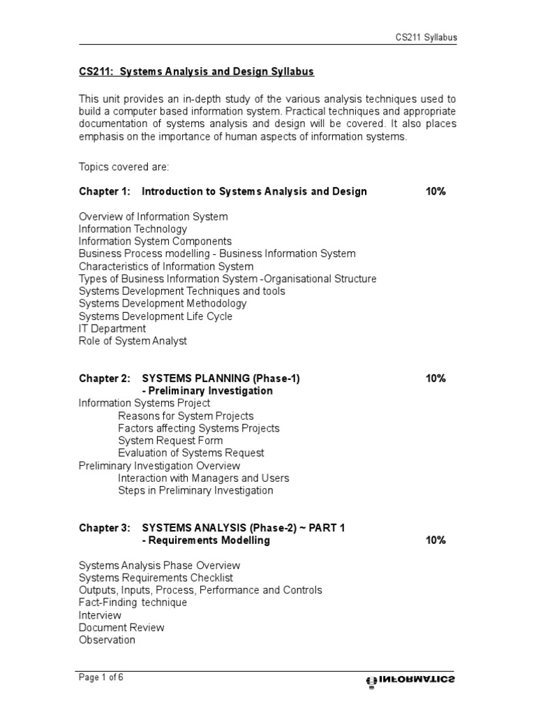 Systems Analysis and Design Syllabus | PDF | System | Databases