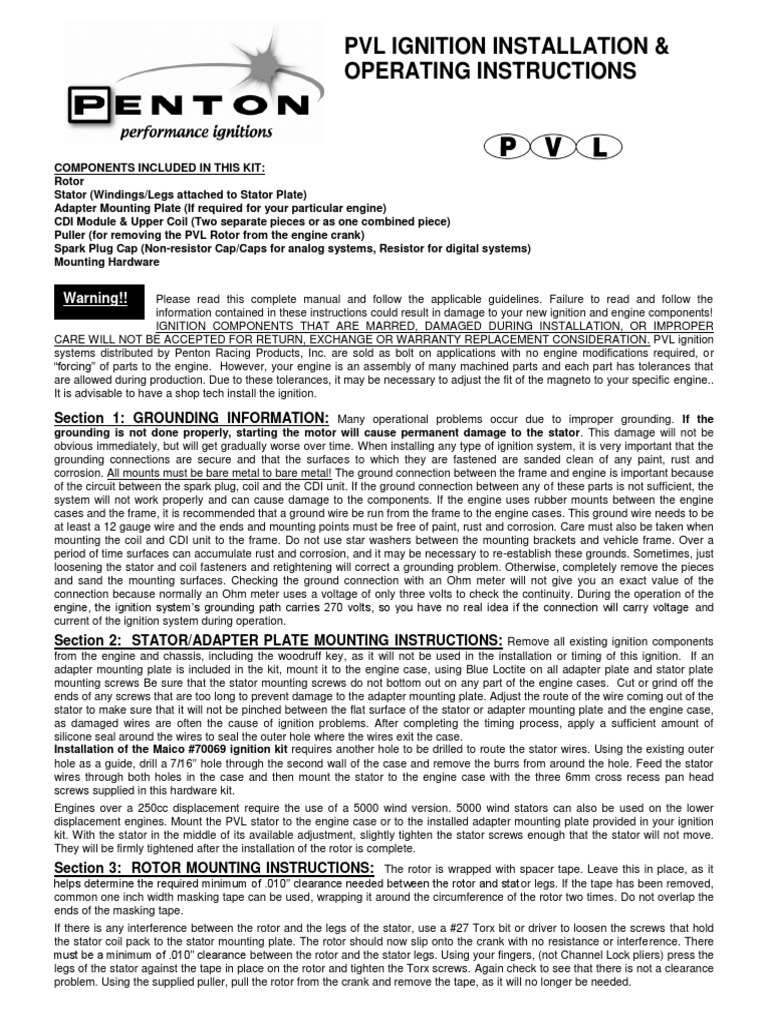 PVL Ignition Installation & Operating Instructions: Warning!! | PDF | Ignition System | Rotating ...