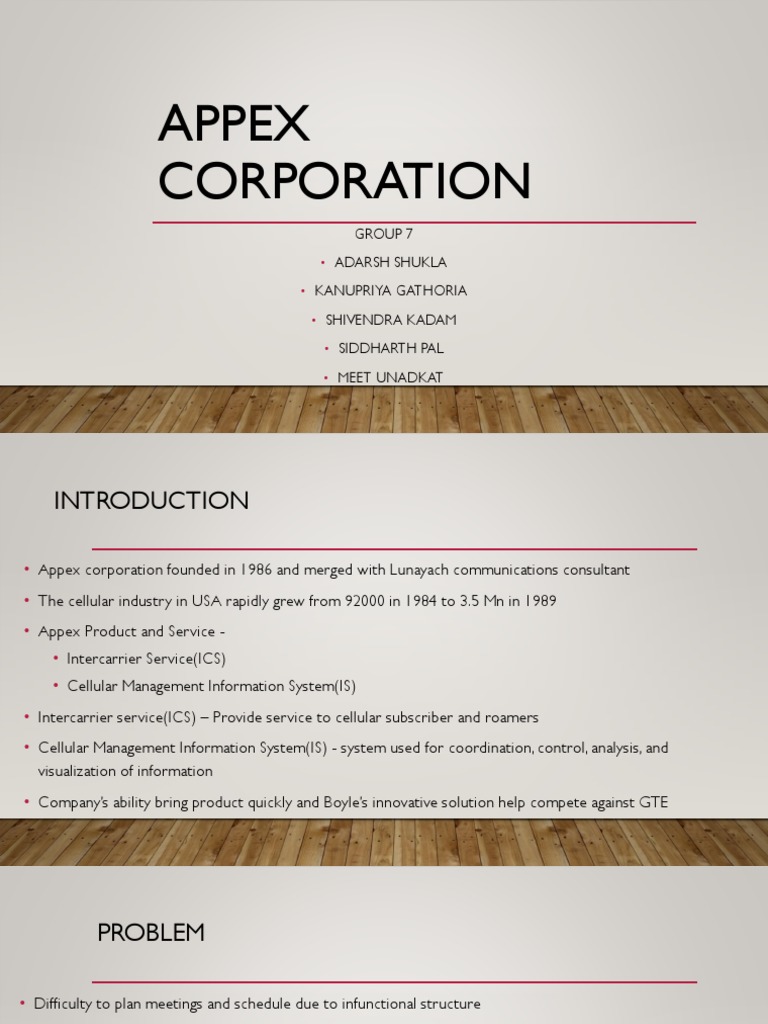 Appex Corporation: Group 7 Adarsh Shukla Kanupriya Gathoria Shivendra Kadam Siddharth Pal Meet ...