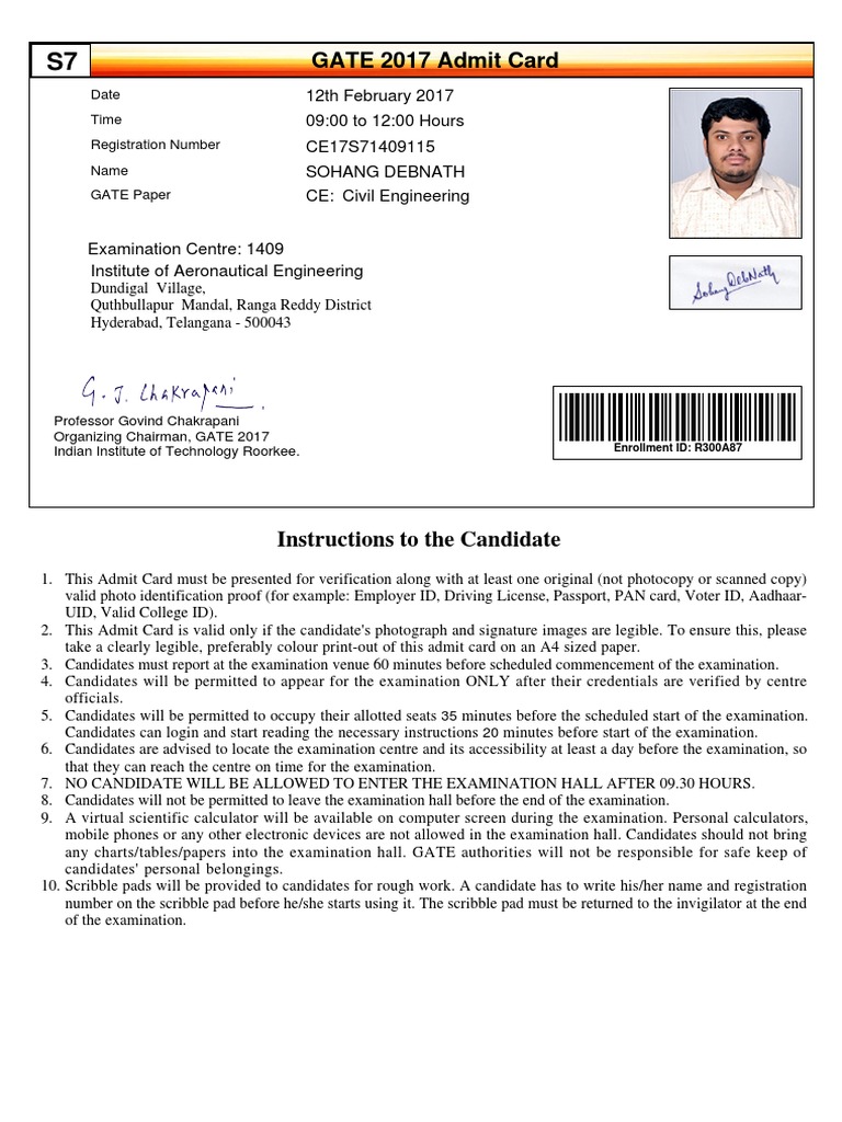 GATE 2017 Admit Card: Instructions To The Candidate | PDF | Government And Personhood | Access ...