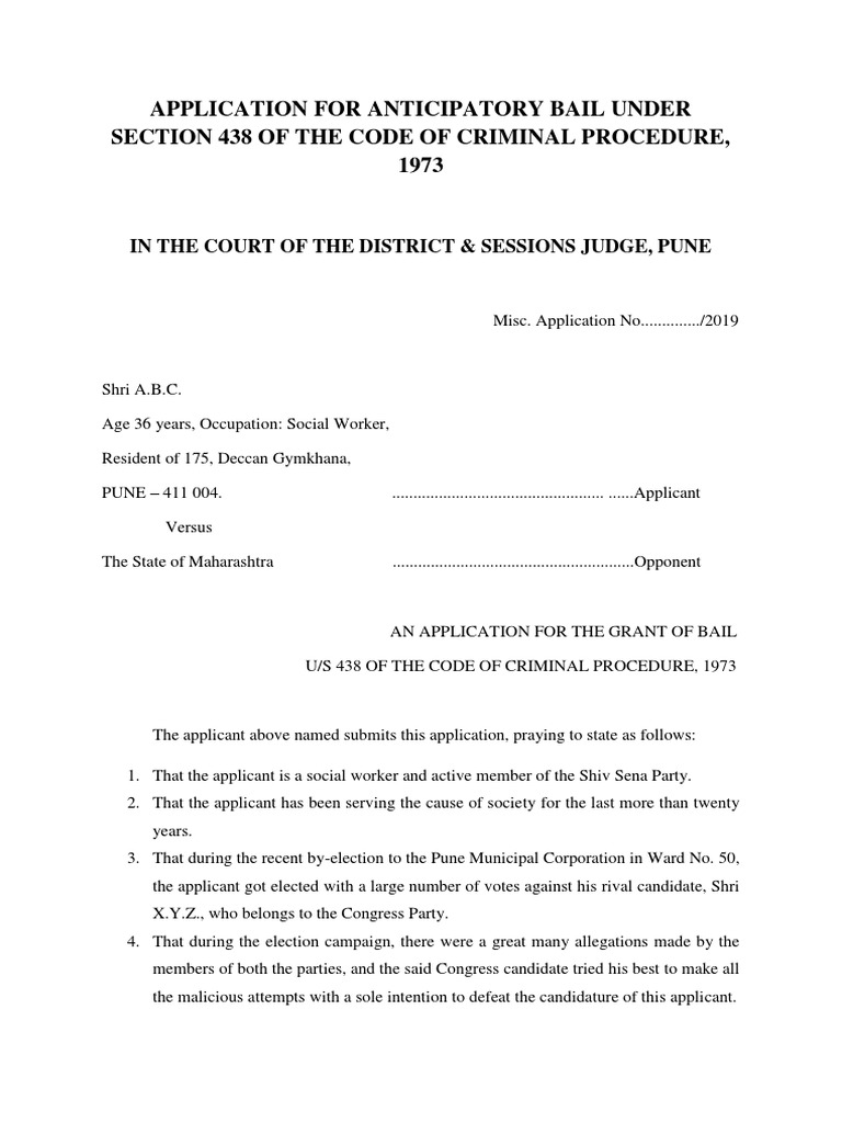Application For Anticipatory Bail Under Section 438 of The Code of ...