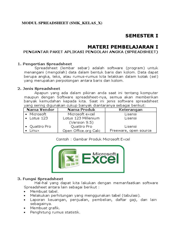 Modul Spreadsheet Kelas X (Bagian 1) PDF | PDF