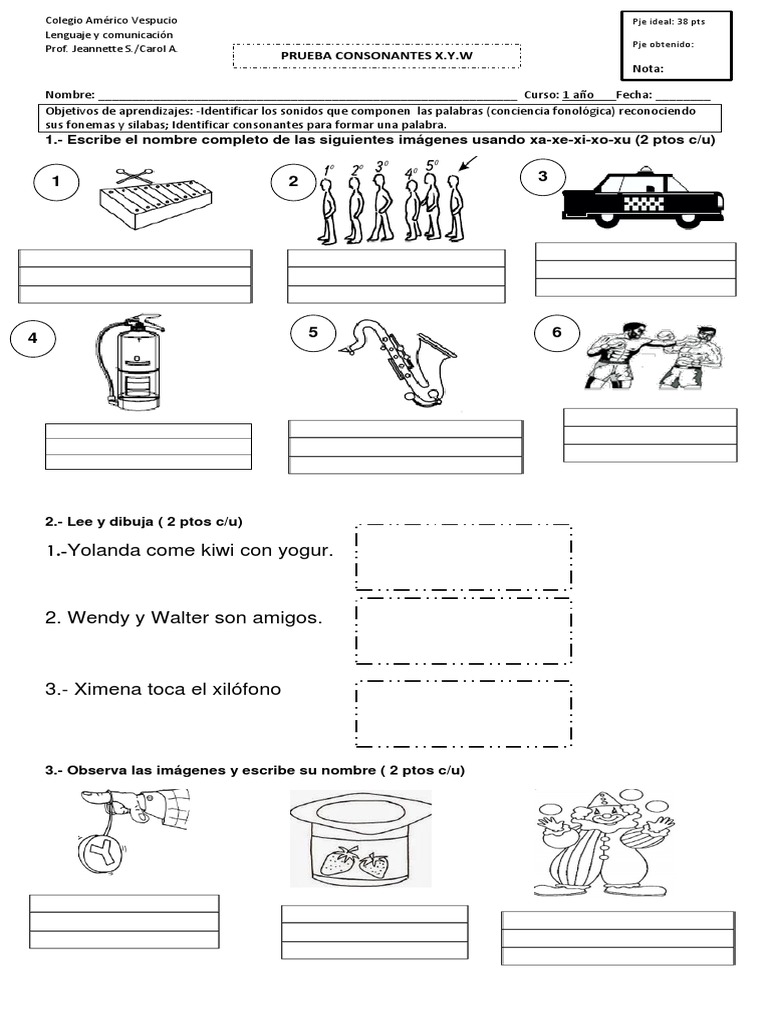 Evaluación de Consonantes X, Y y W | PDF