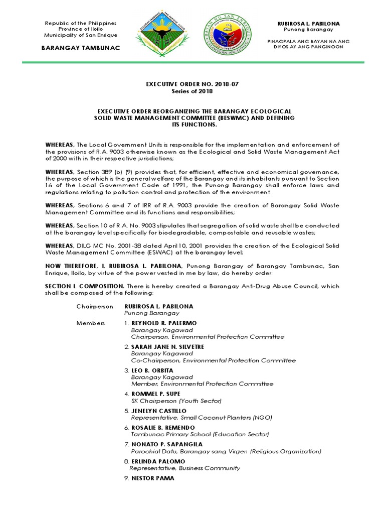 Reorganizing the Barangay's Waste Management System: An Executive Order ...