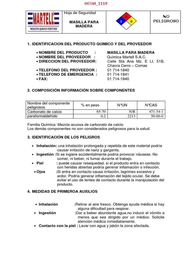 Hoja de Seguridad: Masilla para Madera | PDF | Residuos | Contaminación