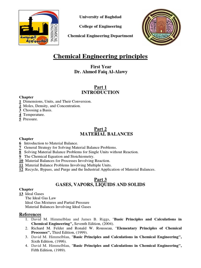 Chemical Engineering Principles: First Year Dr. Ahmed Faiq Al-Alawy | PDF