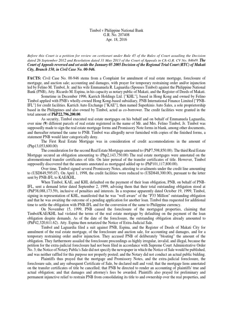 Timbol V Philippine National Bank PDF | PDF | Foreclosure | Mortgage Law