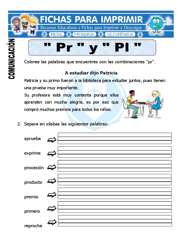 Ficha de La Letra de Pr y Pl Para Primero de Primaria