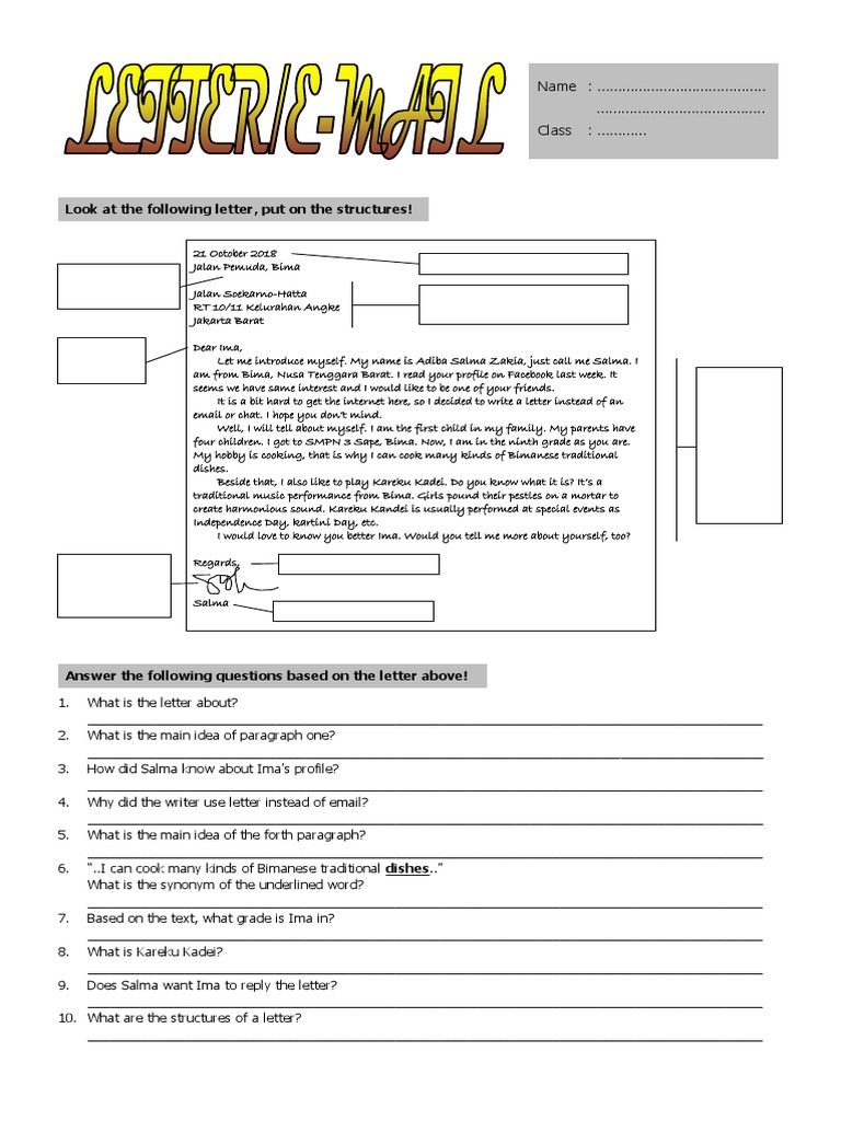 Personal Letter and Email Worksheet Reading Comprehension Exercises ...