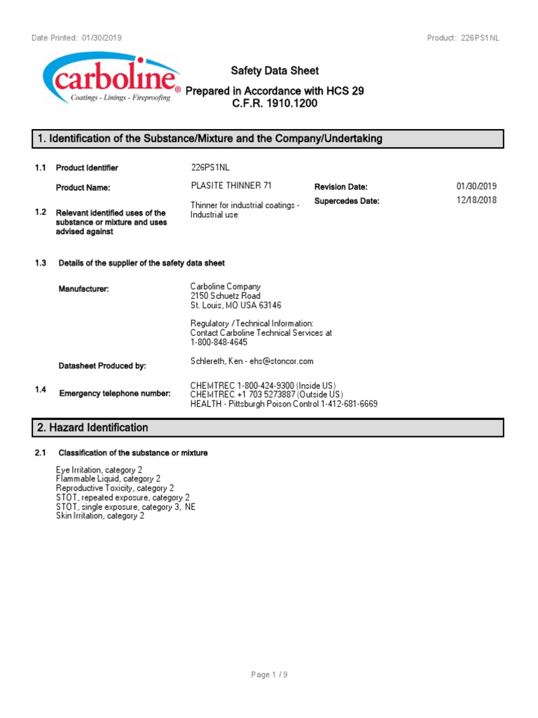 Plasite Thinner 71 | PDF | Toxicity | Firefighting