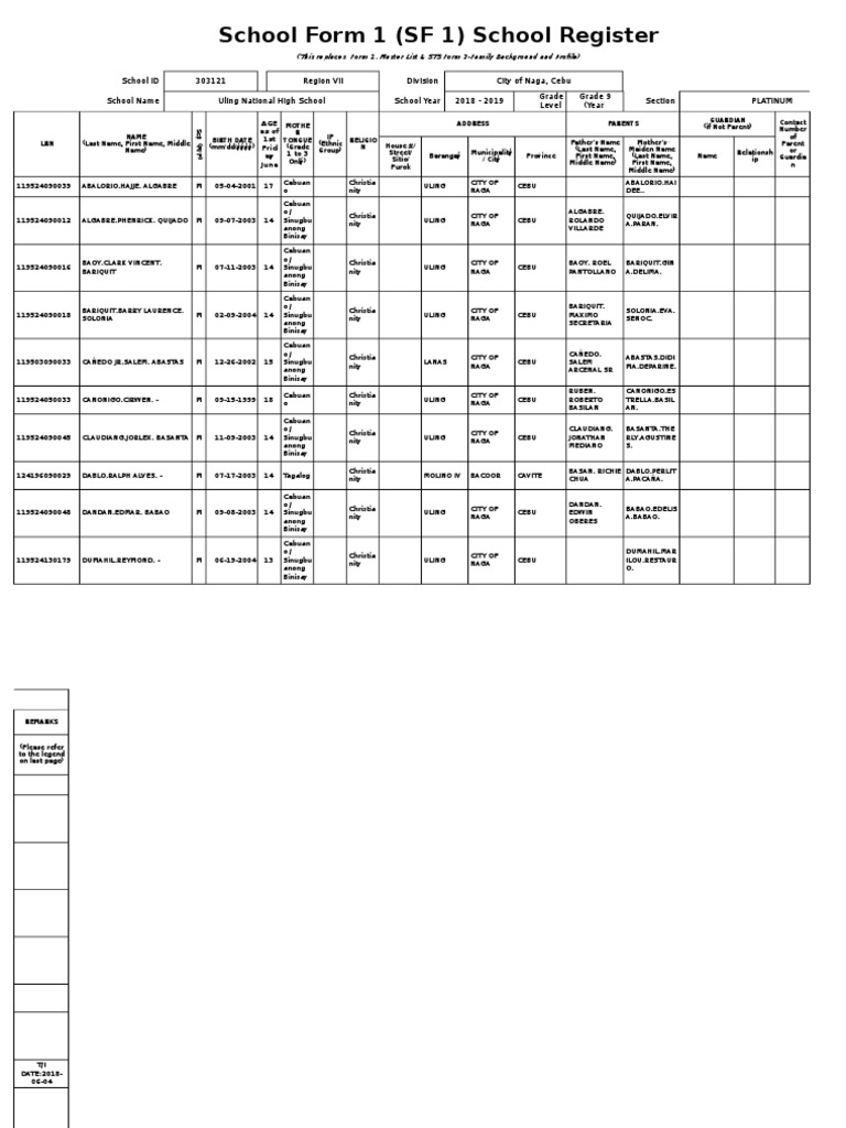 School Form 1 (SF 1) School Register | PDF