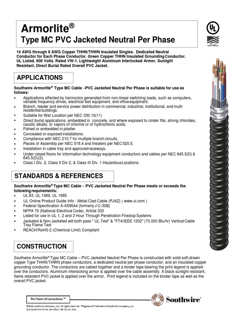 Armorlite: Type MC PVC Jacketed Neutral Per Phase | PDF | Building ...