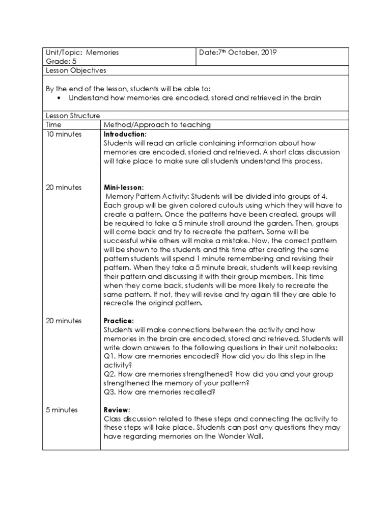 Memory Encoding and Retrieval Lesson | PDF