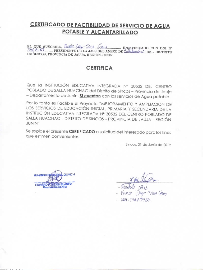 Certificado de Factibilidad de Servicio de Agua | PDF