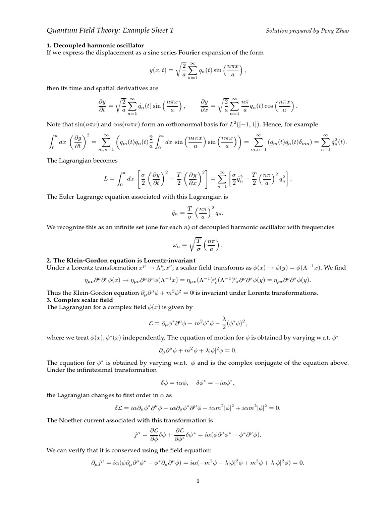 Quantum Field Theory: Example Solutions for Harmonic Oscillators, Klein ...
