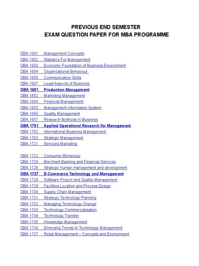 Previous End Semester Exam Question Paper For Mba Programme: DBA 1651 ...