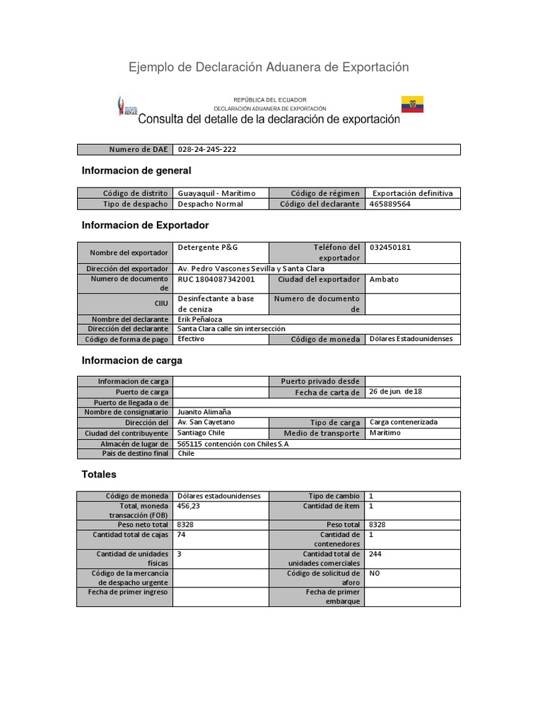 Ejemplo de Declaración Aduanera de Exportación | PDF | Economias | El comercio internacional