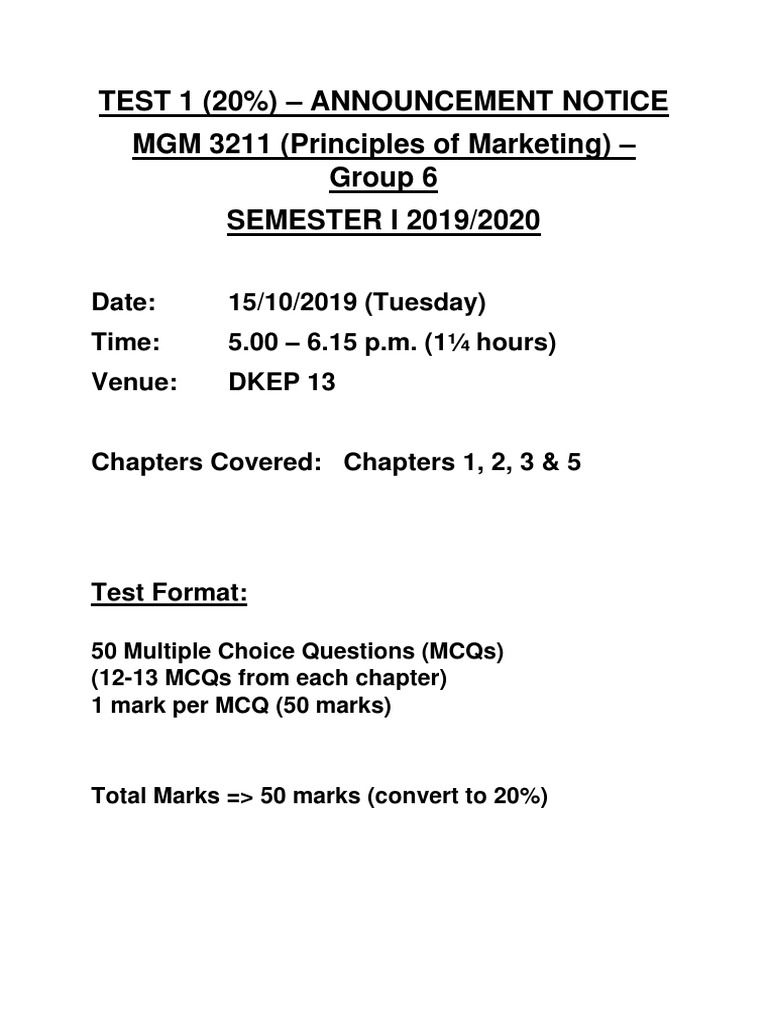 MGM 3211 Test 1 Announcement Notice | PDF