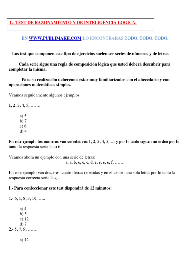 Test de Razonamiento y de Inteligencia Logica Con Sus Soluciones | PDF ...
