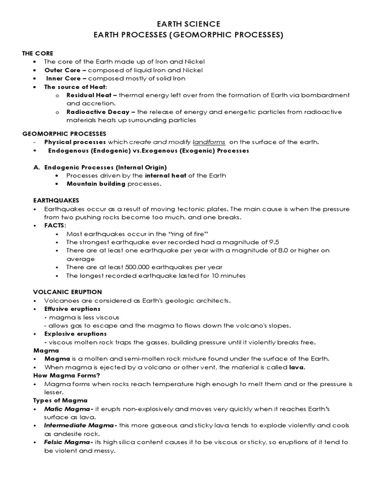 Earth Science Earth Processes (Geomorphic Processes) | PDF | Volcano ...