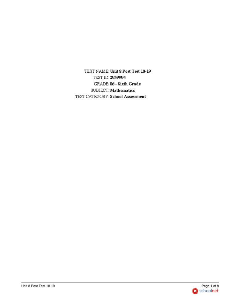TEST NAME: Unit 8 Post Test 18-19 TEST ID: 2939994 GRADE: 06 - Sixth ...