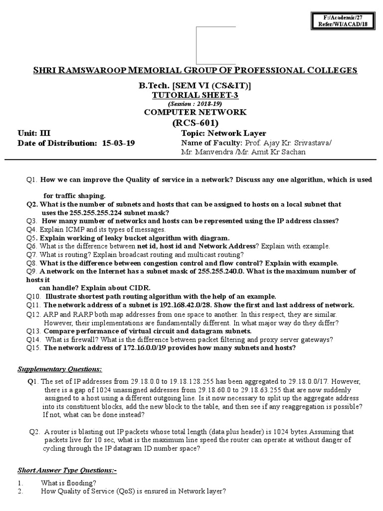 Computer Network Tutorial Sheet 3 | PDF | Ip Address | Router (Computing)