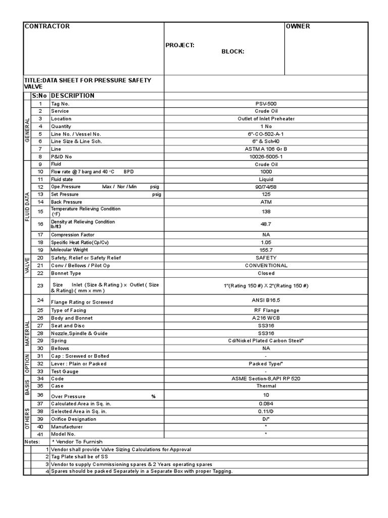 Data Sheet For PSV | PDF | Valve | Pressure