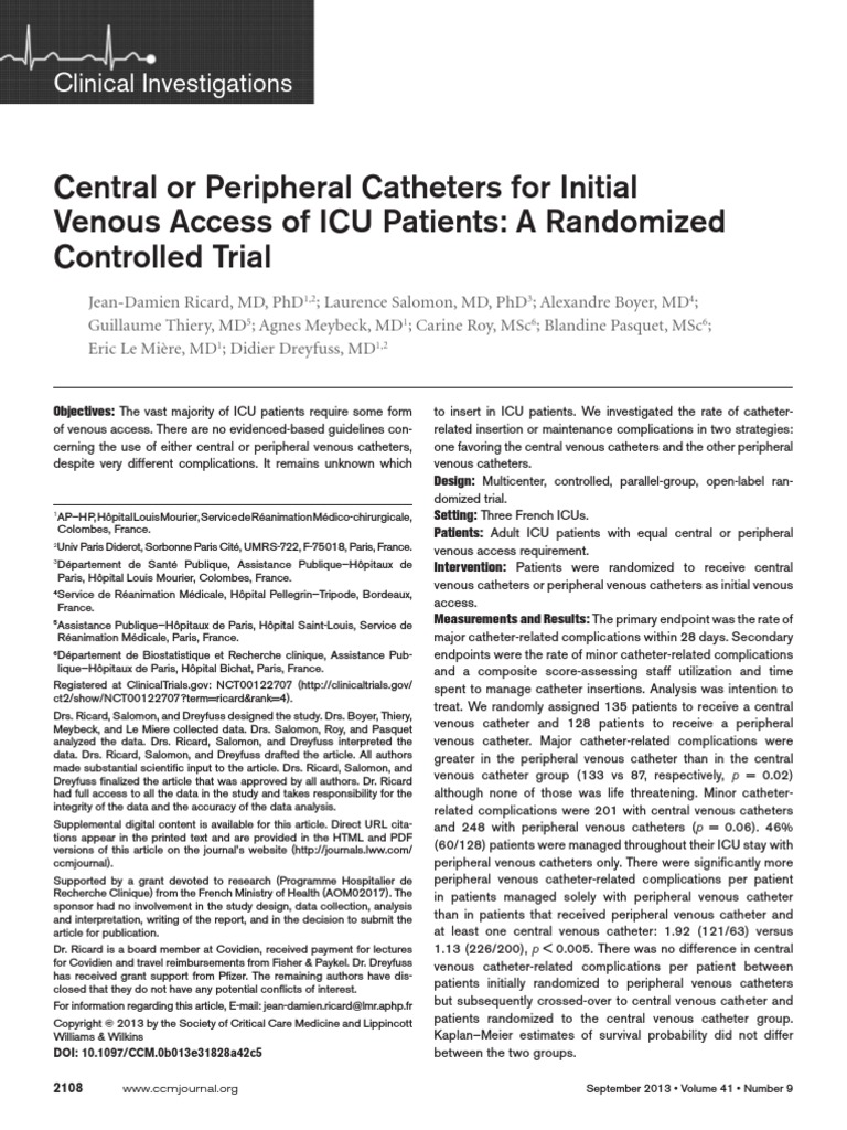 Central or Peripheral Catheters For Initial Venous Access of ICU ...