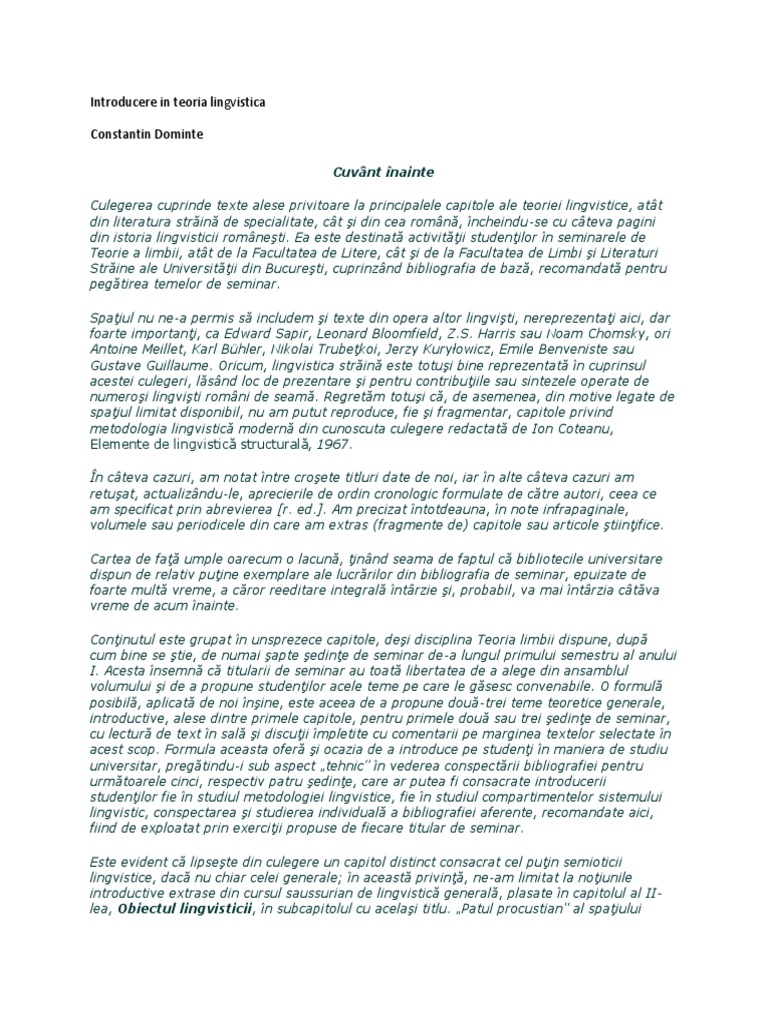 Introducere in Teoria Lingvistica | PDF