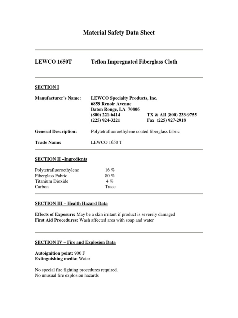 Material Safety Data Sheet: LEWCO 1650T Teflon Impregnated Fiberglass ...
