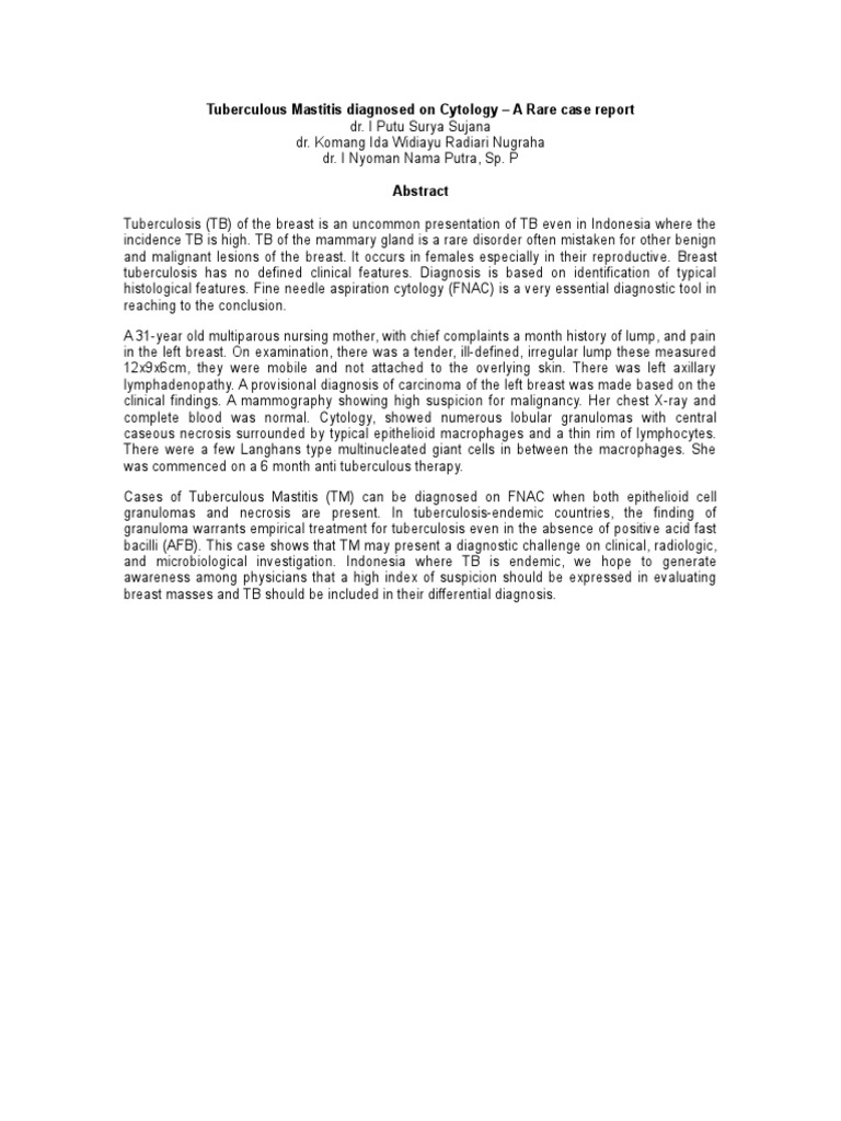 Tuberculous Mastitis Diagnosed On Cytology - A Rare Case Report | PDF ...