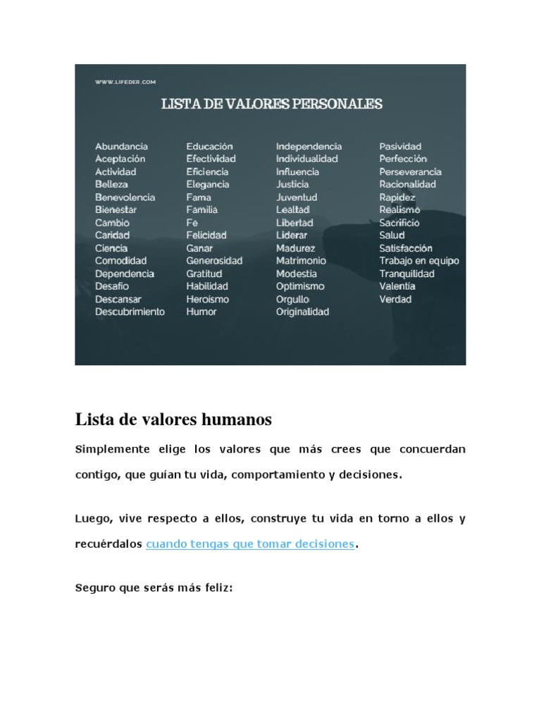 Lista de Valores Humanos | PDF | Metafísica de la mente | Teorías ...