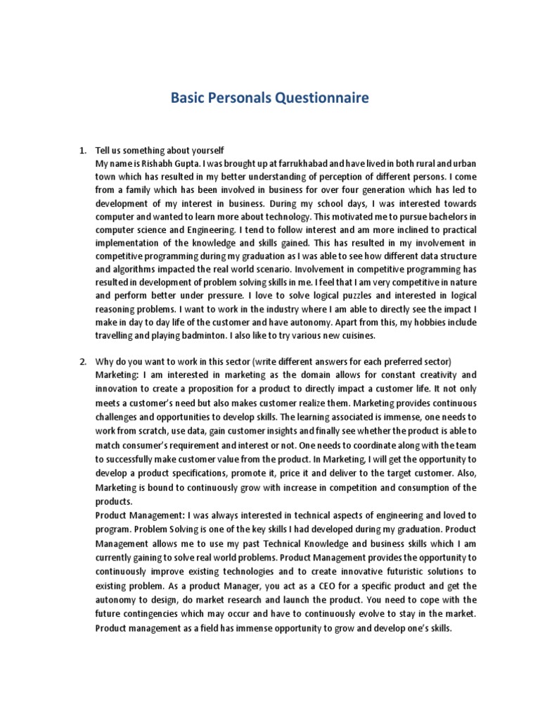 Basic Personals Questionnaire | PDF | Marketing | Computer Programming