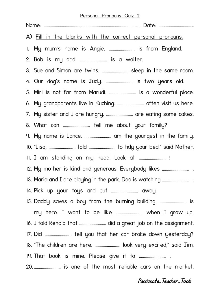 Personal Pronouns Quiz 2 | PDF