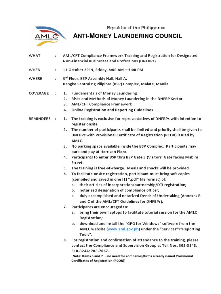 DNFBP Training Reminders 11oct2019 | PDF | Money Laundering | Business