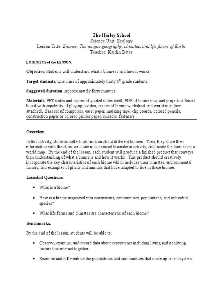Science Unit: Ecology Lesson Title: Biomes-The Unique Geography ...